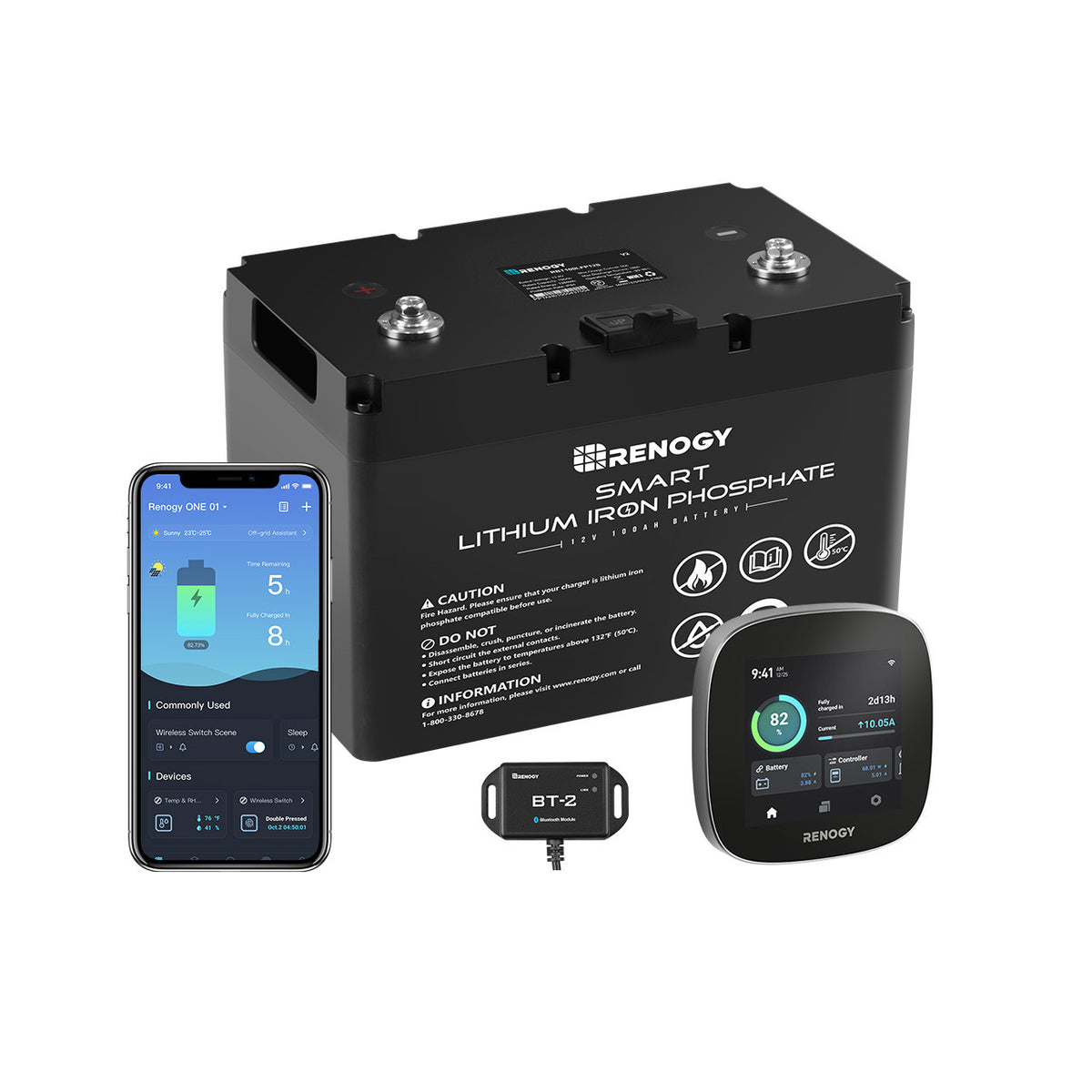 Renogy 12V 100Ah Smart Lithium Iron Phosphate Battery & BT-2 & Renogy ...